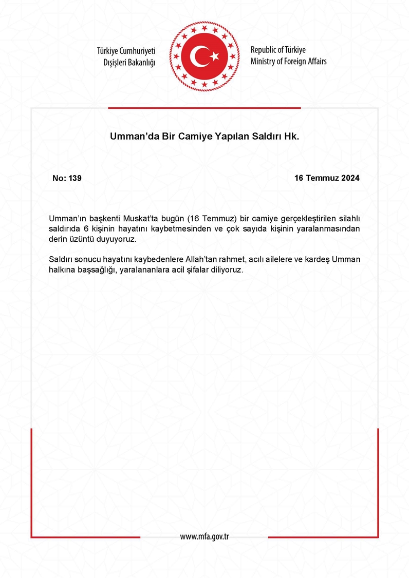 Türkiye'den Umman'daki cami saldırısına ilişkin açıklama: 'Derin üzüntü ...