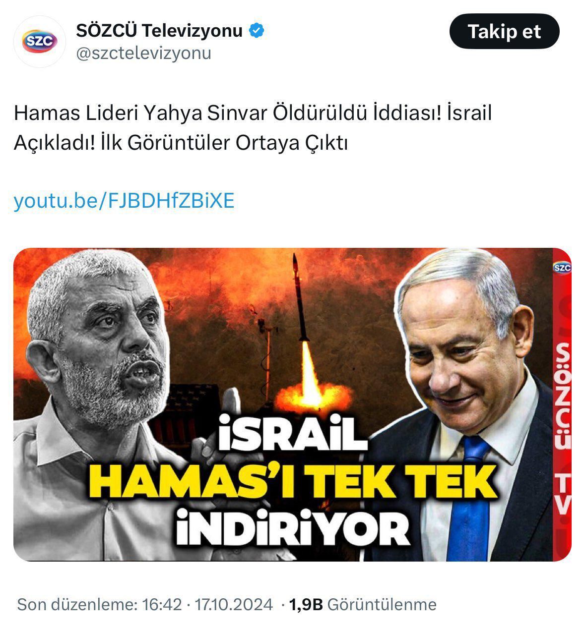 Siyonist şakşakçıları dört köşe: Sözcü Sinvar'ın ölümünü böyle duyurdu ...